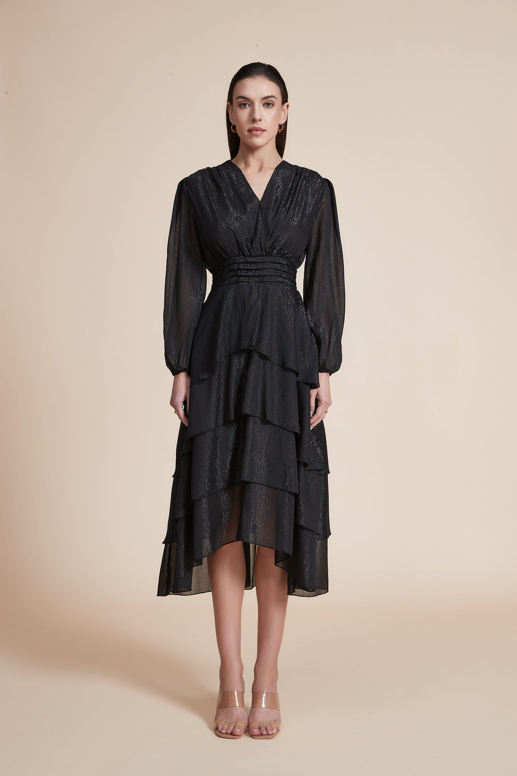 Shop Knee-Length Solid Layered Dress with Long Sleeves | Yola